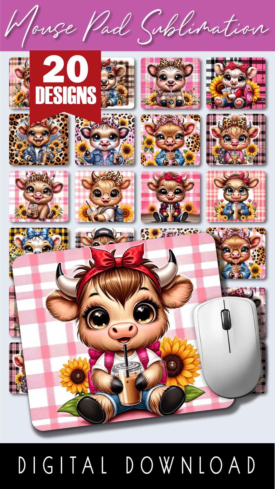 Highland Cow Mouse Pad Bundle - Sunflower Mousepad PNG