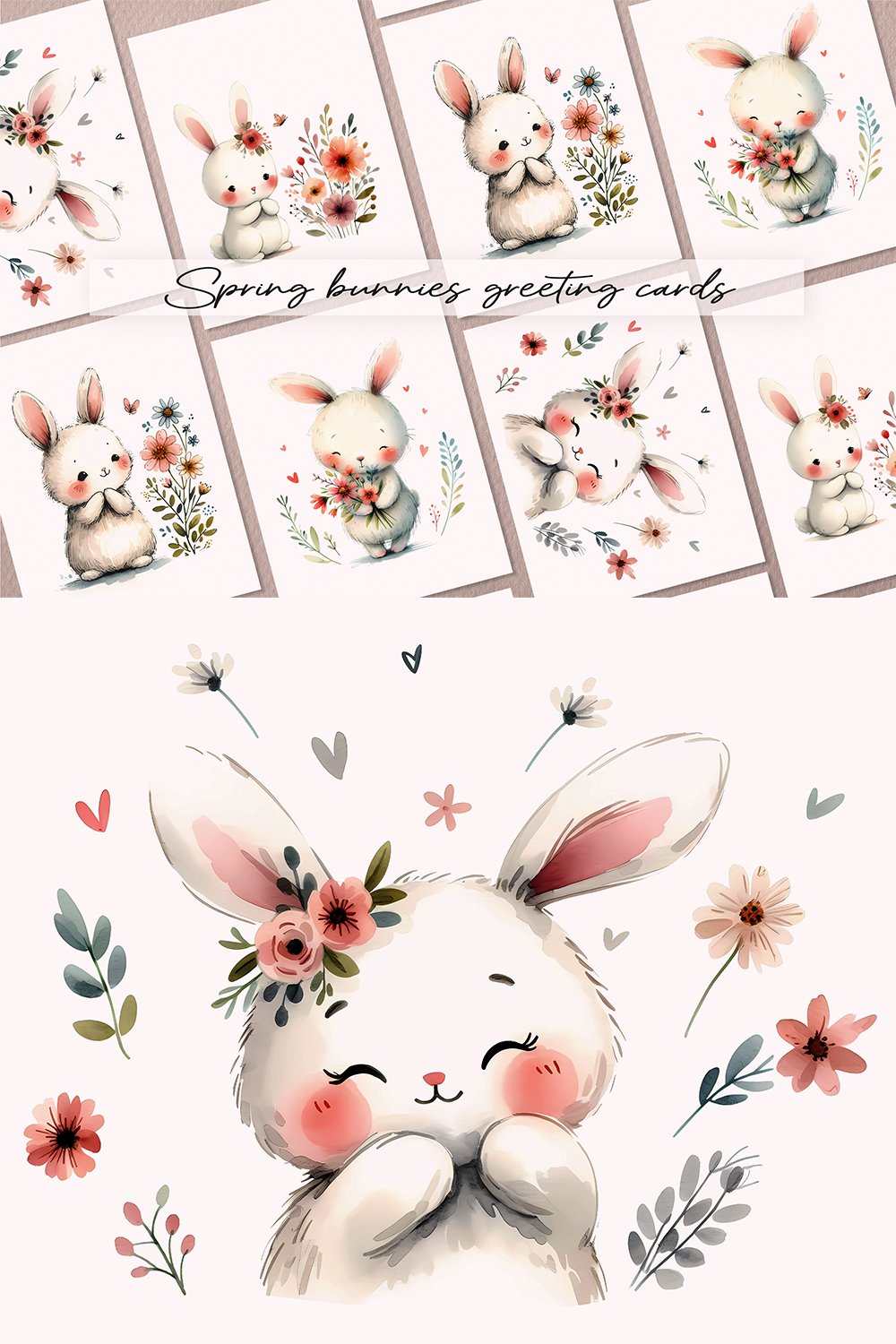 Spring bunnies greeting cards, JPG, PNG.