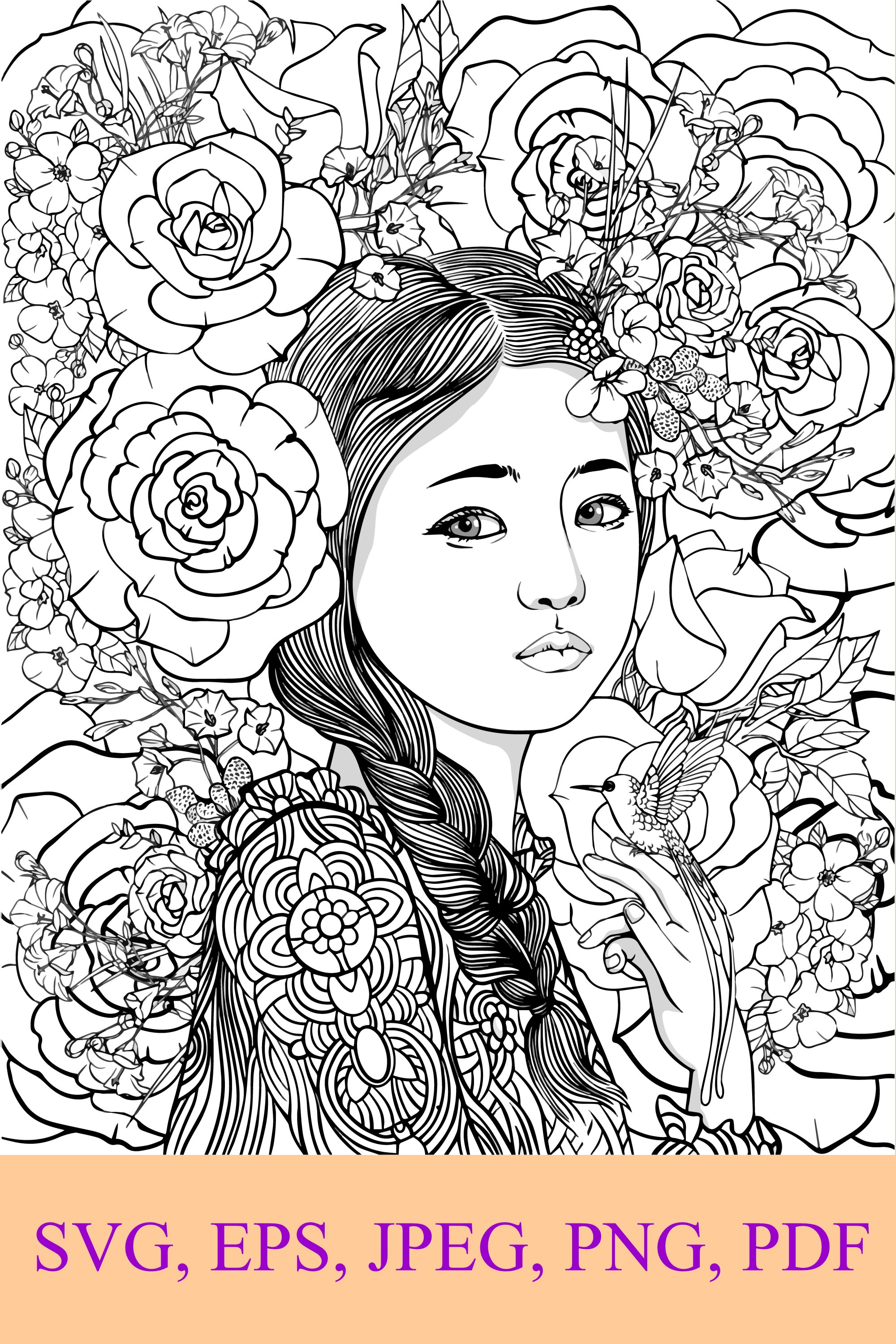 Cute Asian little girl bw vector surrounded by flowers