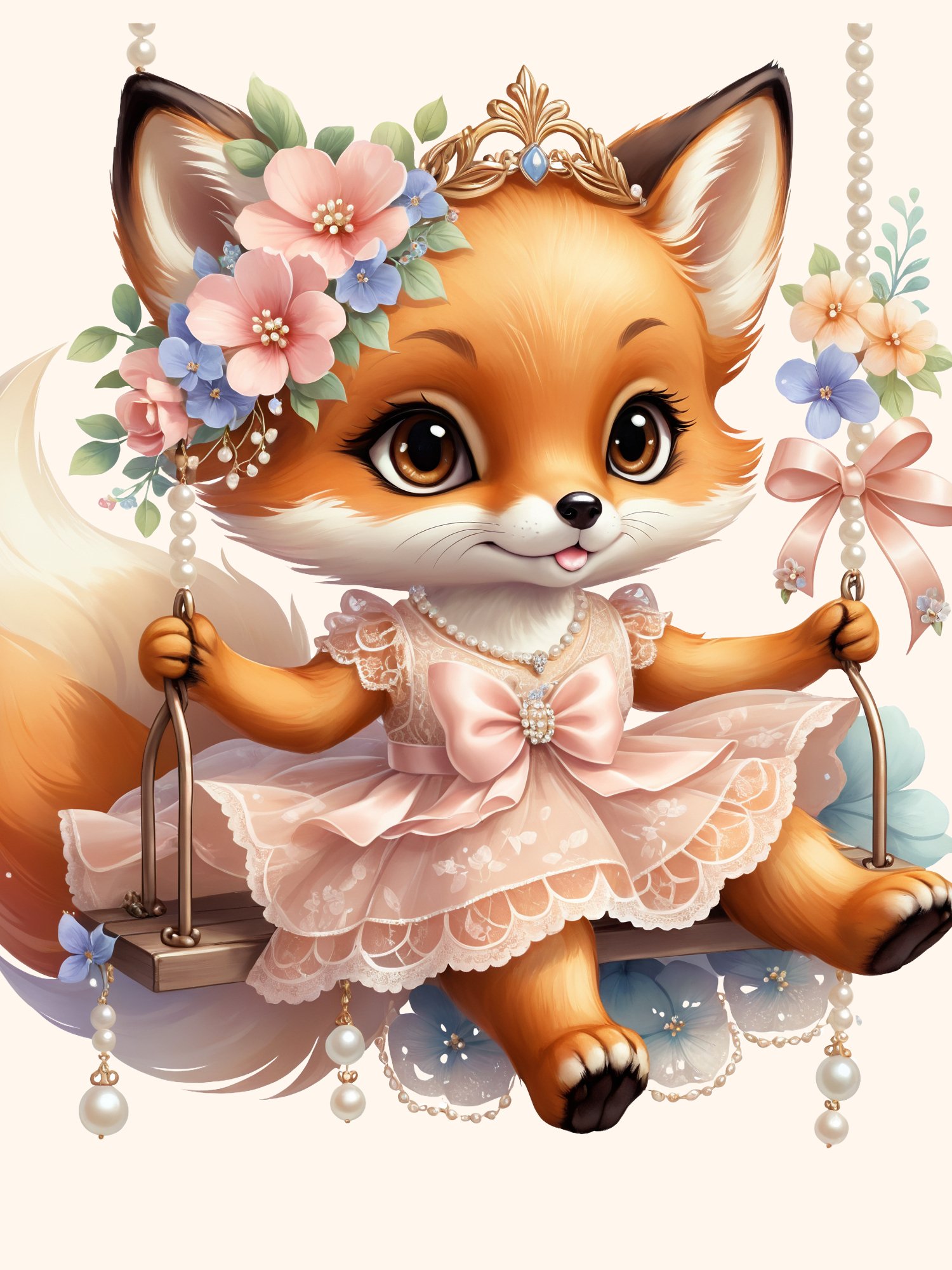 Watercolor Drawing Cute Baby Fox on Swing, Clipart, Png