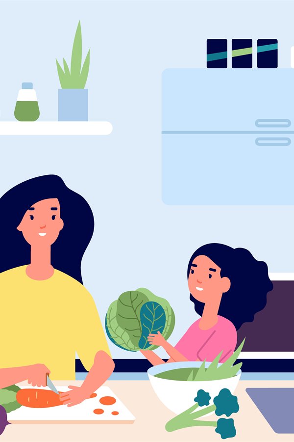 Mother children cook. Mom chef cooking, cartoon parent and d