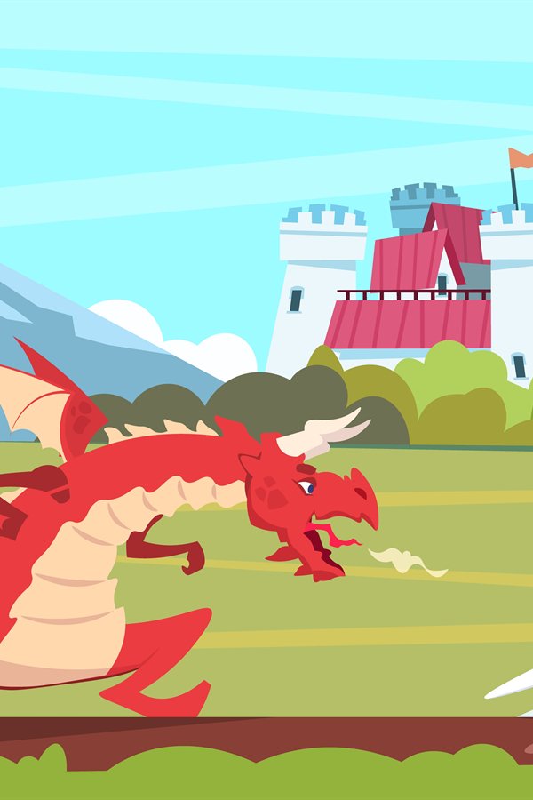 Medieval cartoon scene. Dragon and knight warrior fight, mon