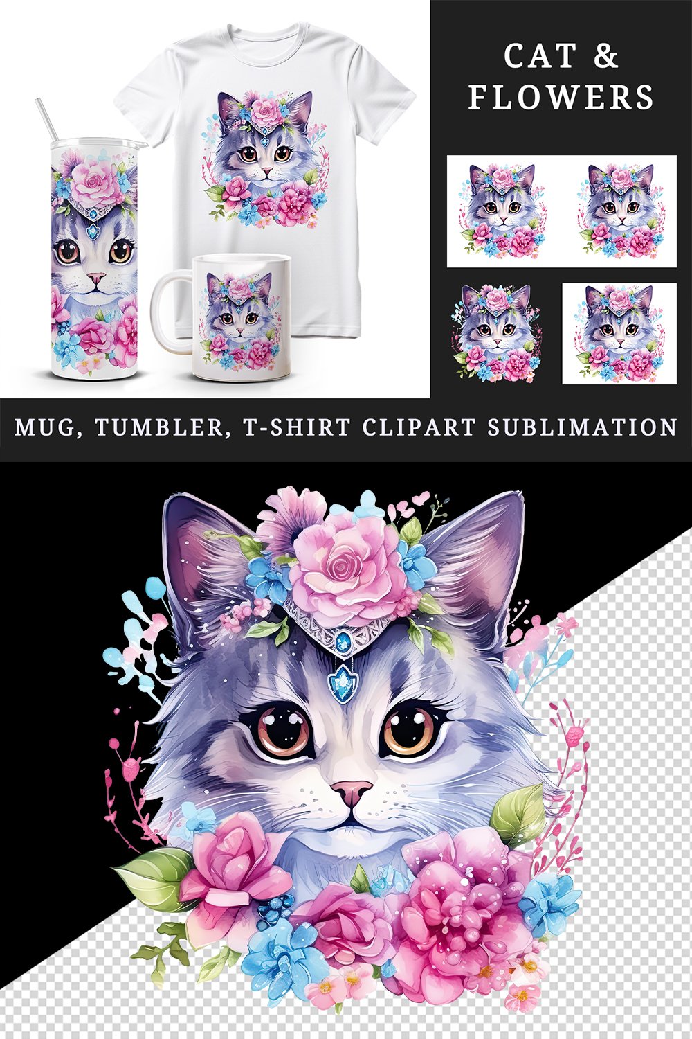 Cat & flowers tumbler, mug wrap, clipart sublimation design