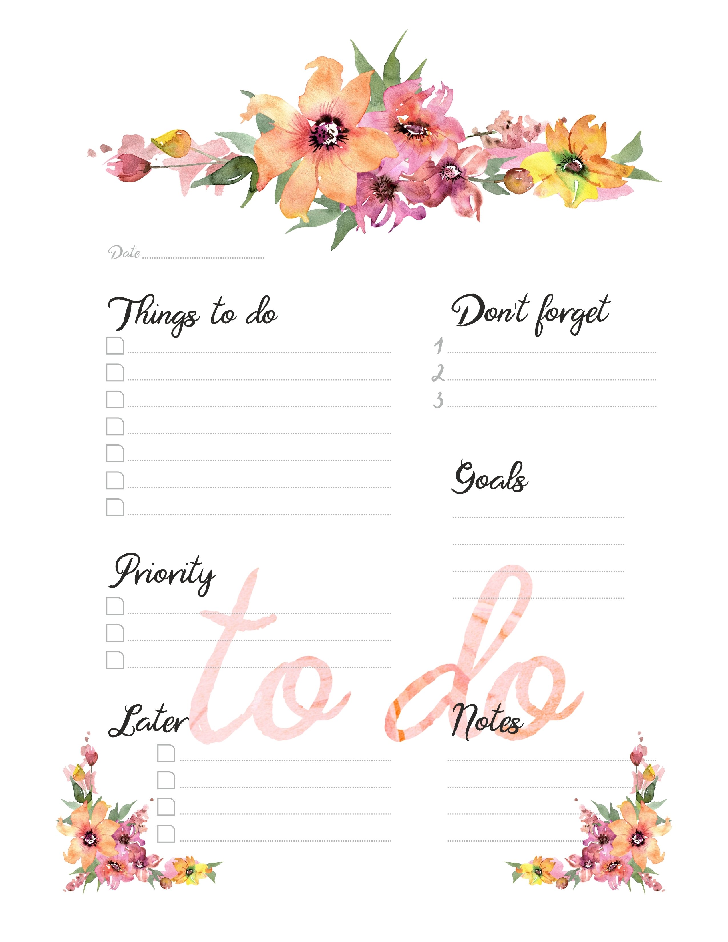 To Do Printable Planner witn Watercolor Elegance Flowers