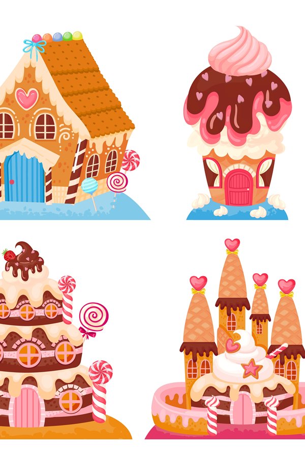Cartoon fantasy candy houses and fairy tale sweet castles. D