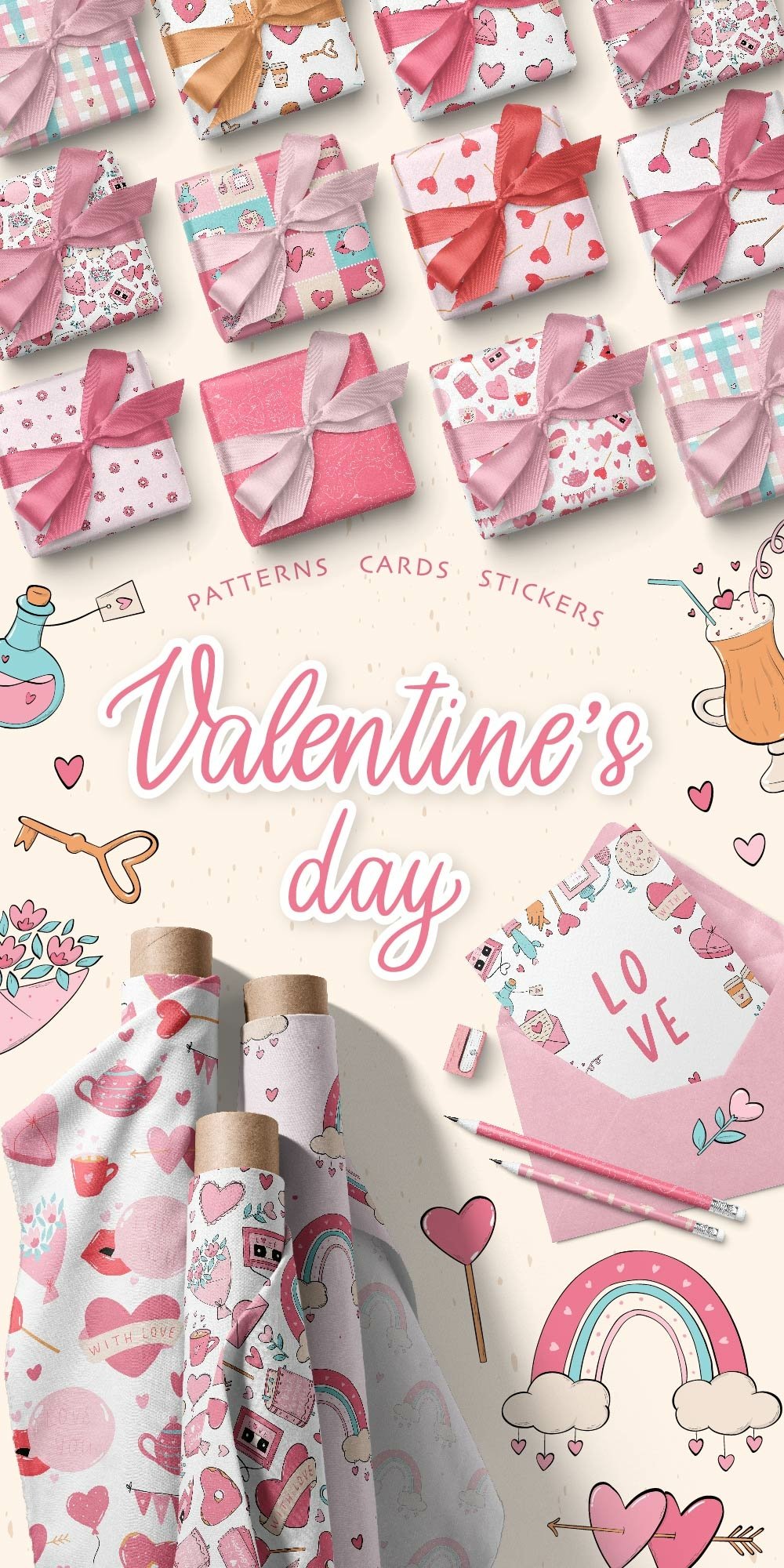 Valentine's day collection PATTERNS STICKERS CARDS