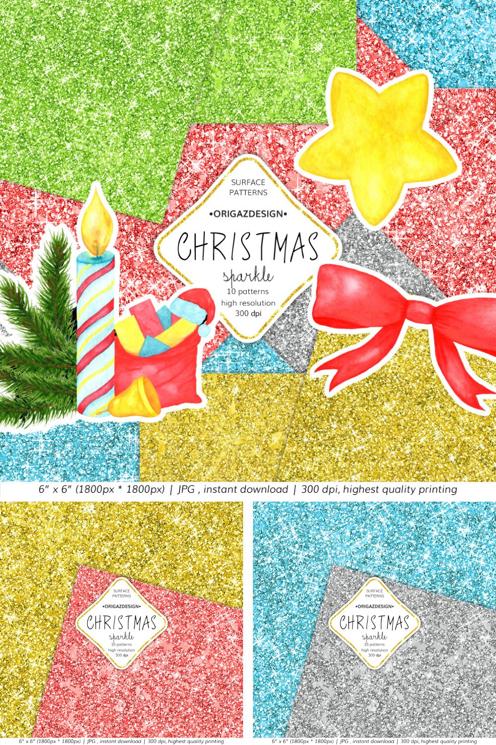 Christmas Glitter Digital Paper pack Gold red blue green