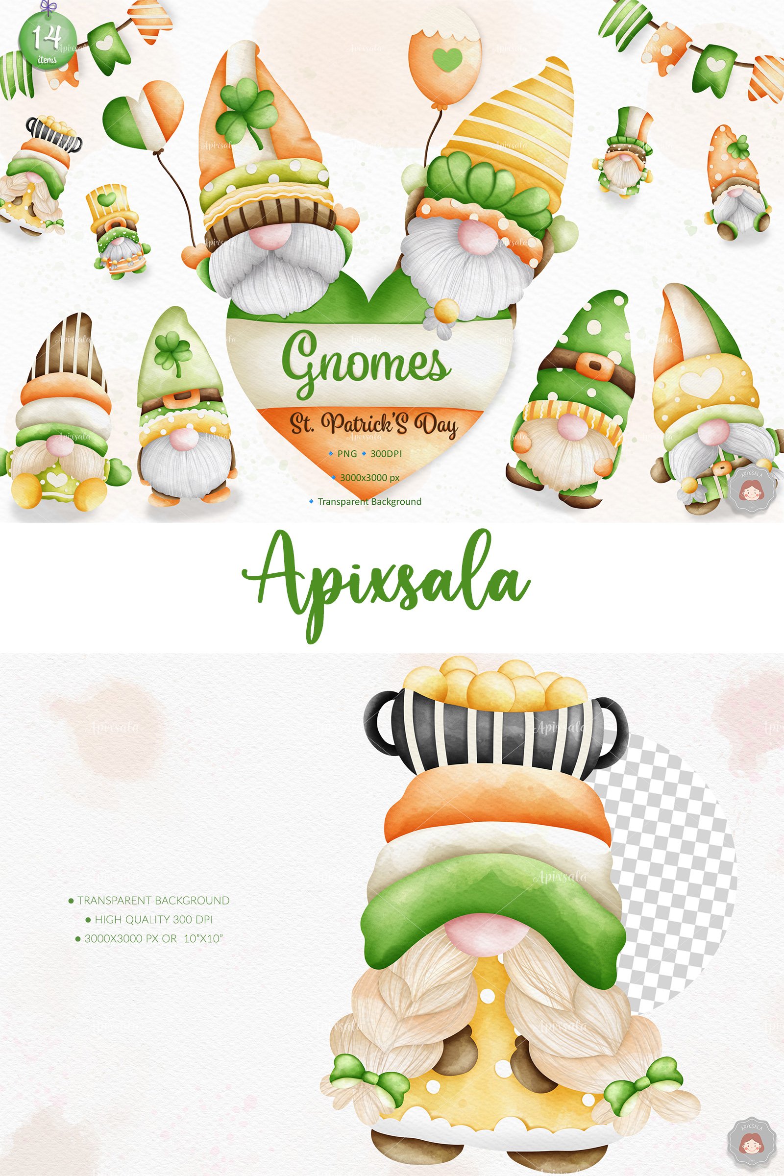 Watercolor Gnome Saint Patrick Day Clipart Bundle