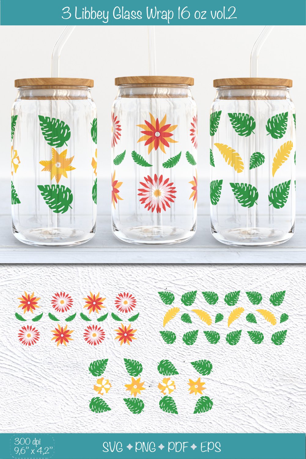 Libbey glass wrap Bundle with Flowers and Leaves. 16oz glass