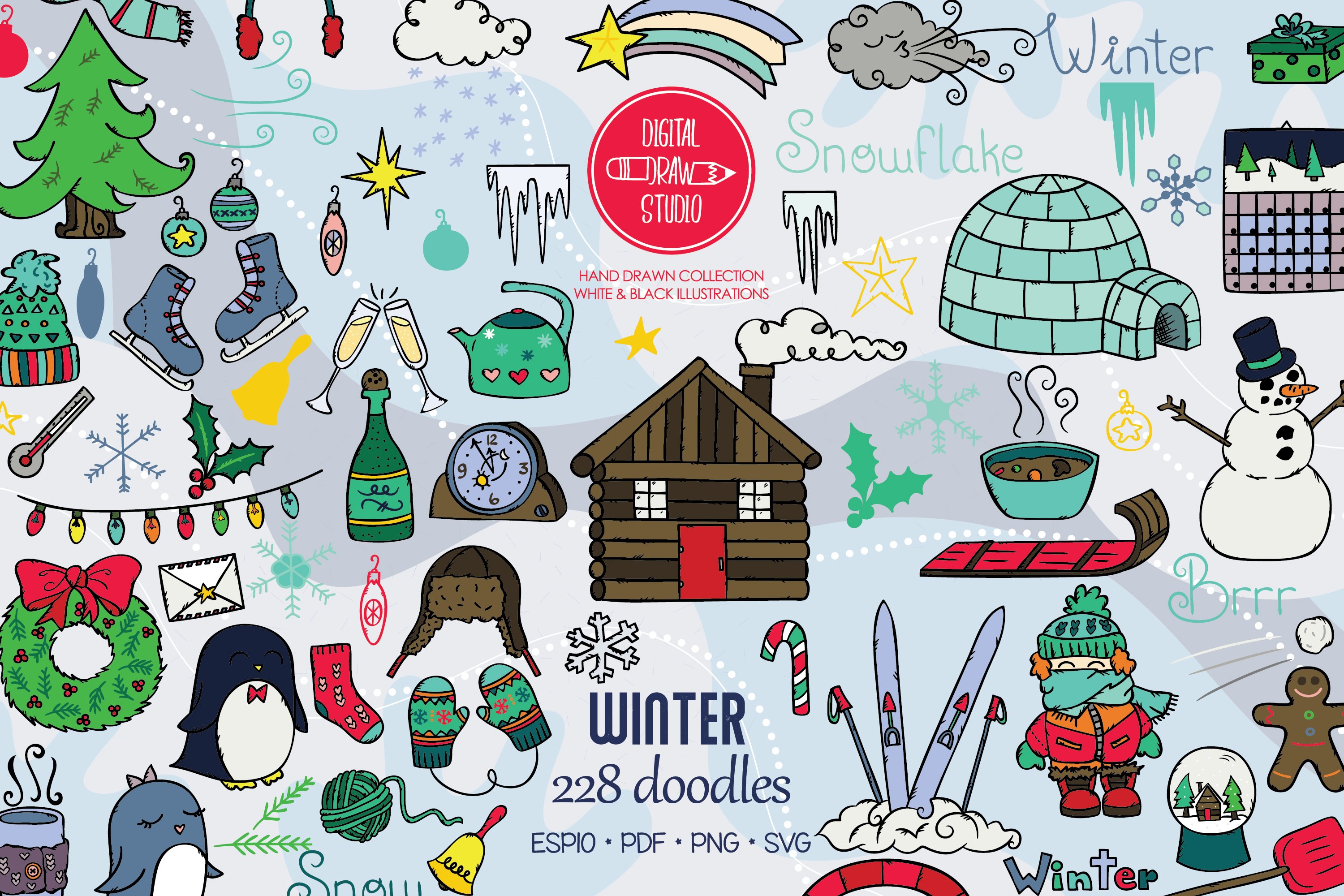 Winter Season Color Doodles, Mitten, Igloo, Snowman, Penguin