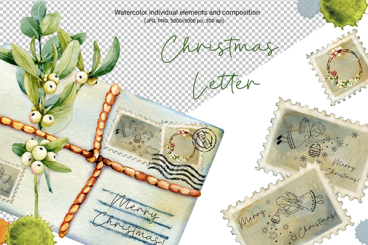 Christmas letter to Santa Claus, angels, watercolor clipart