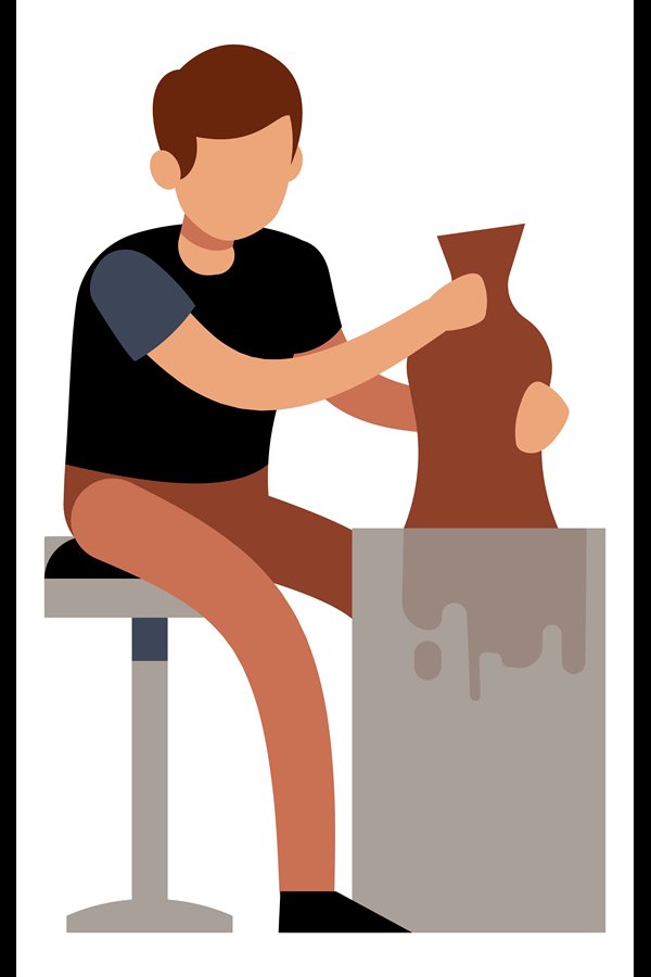 Man making pottery. Guy working with raw clay