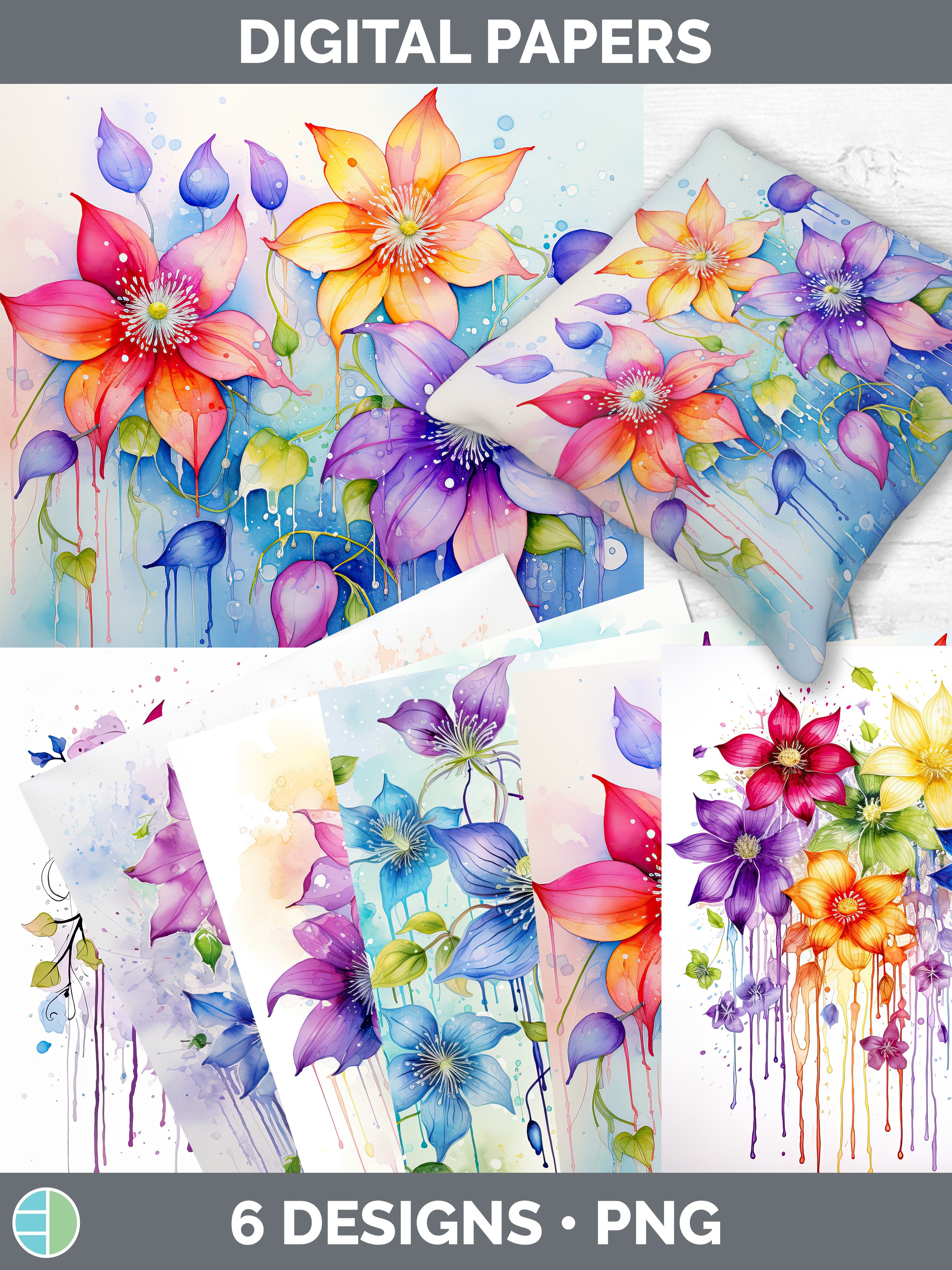 Splat Rainbow Clematis Flowers Paper Backgrounds | Bundle Di