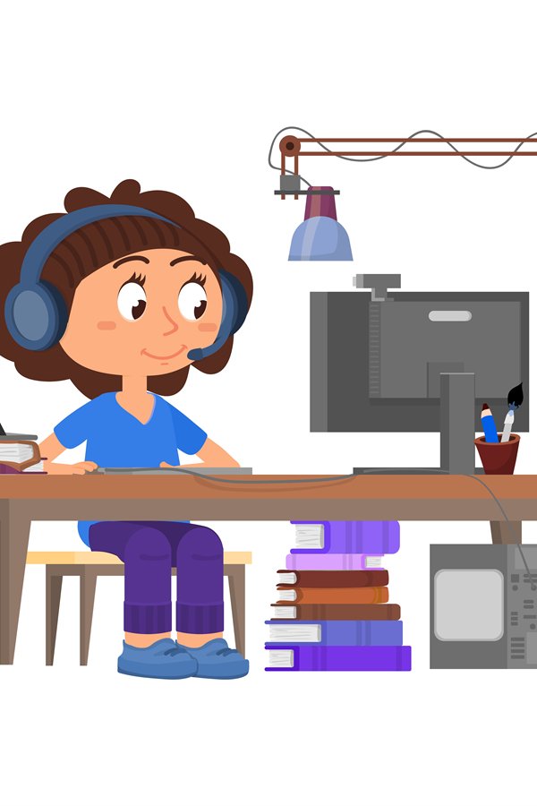 Online education. Girl study with computer, distance learnin