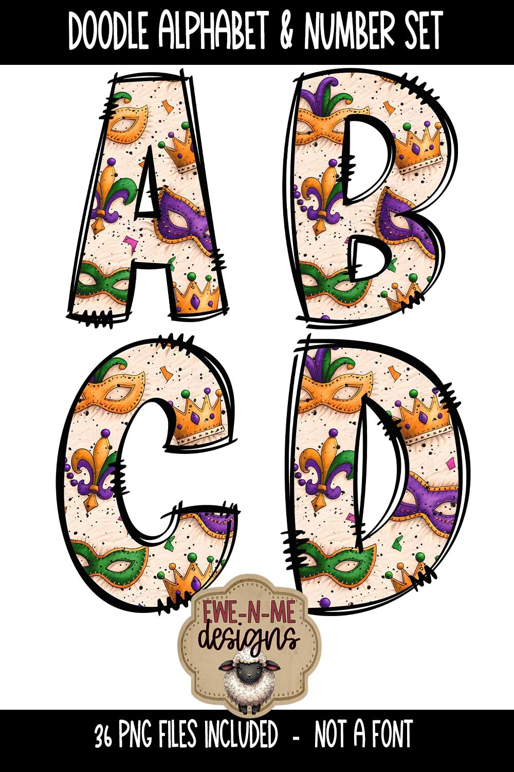 Mardi Gras Doodle Alphabet & Numbers | PNG Files