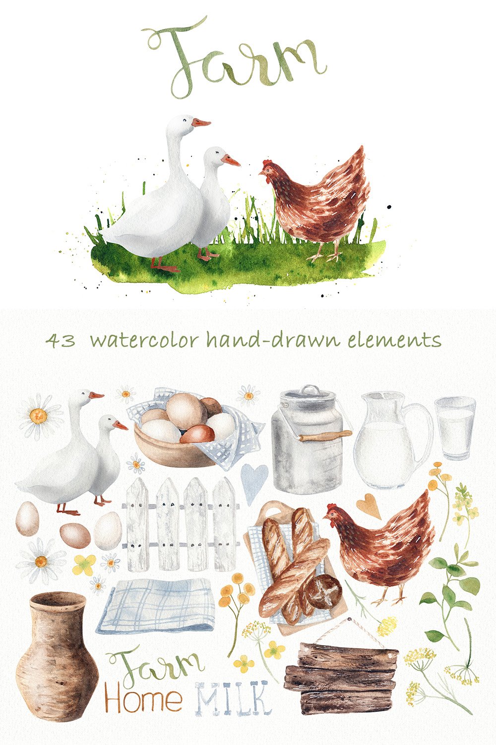 Watercolor organic farm png cliparts