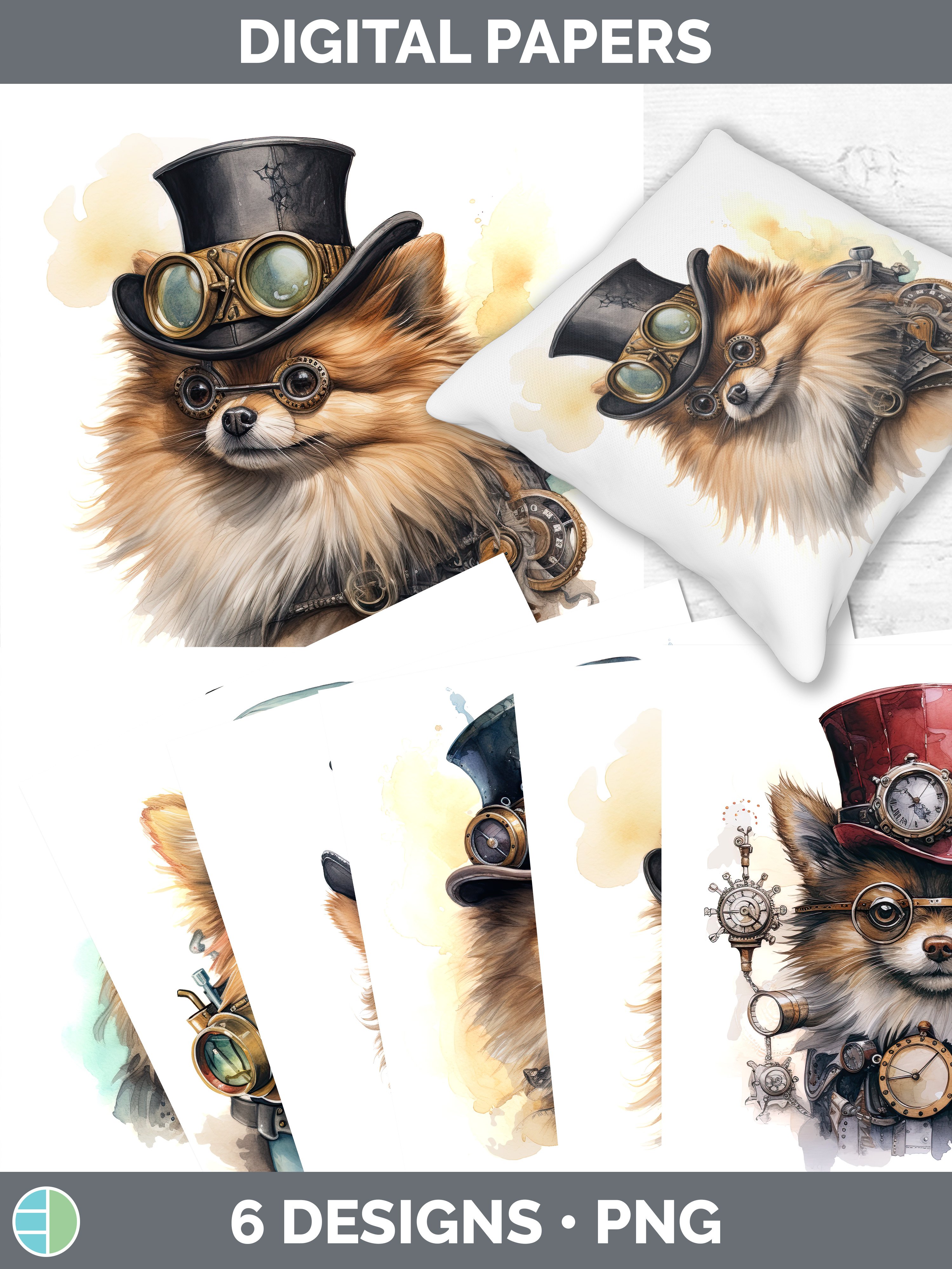 Steampunk Pomeranian Dog Paper Backgrounds | Digital Scrapbo