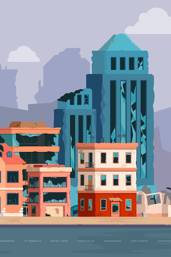 Cartoon city with ruined buildings after earthquake, disaste
