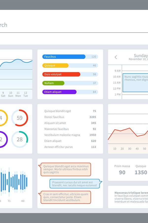 Dashboard. Progress bars, finance analytics data charts with