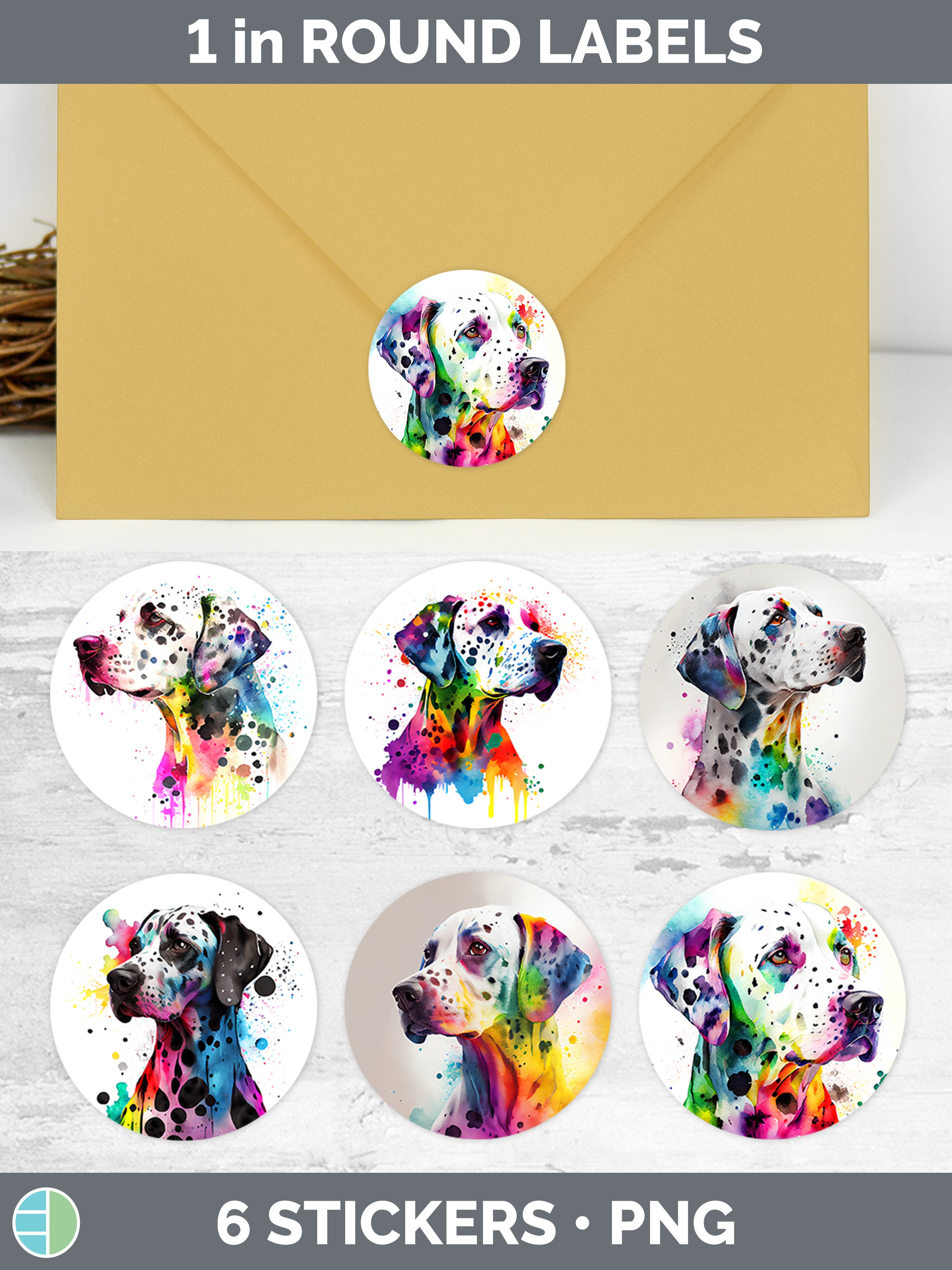 Rainbow Dalmatian Dog Stickers | Round Labels Designs Bundle