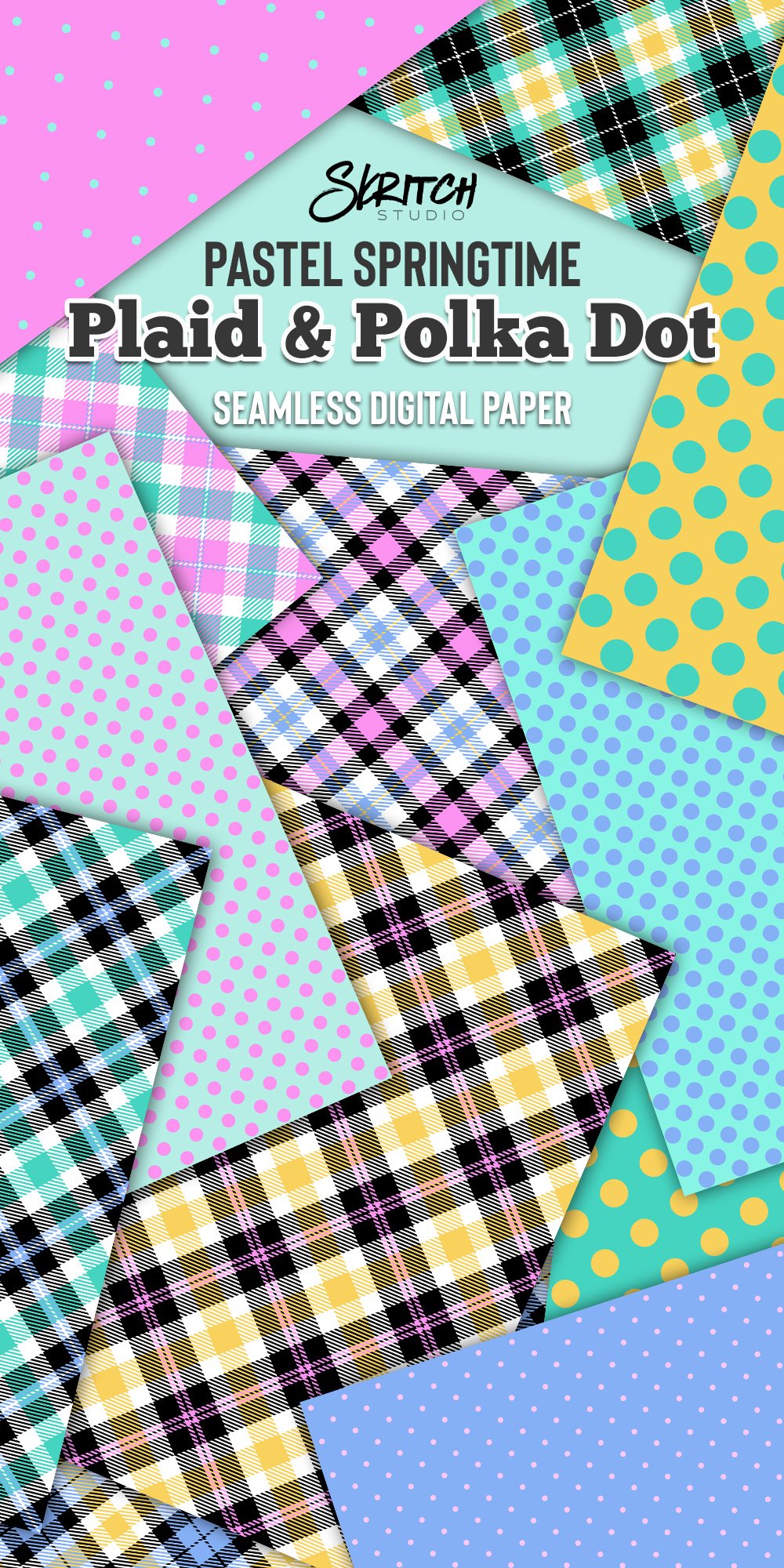 Pastel Springtime Plaid and Polka Dot Seamless Digital Paper