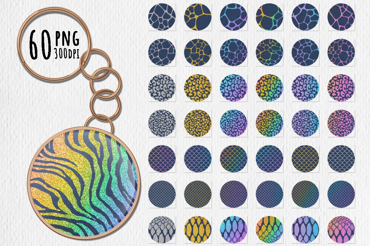 60 Keychain design denim texture with glitter animal pattern