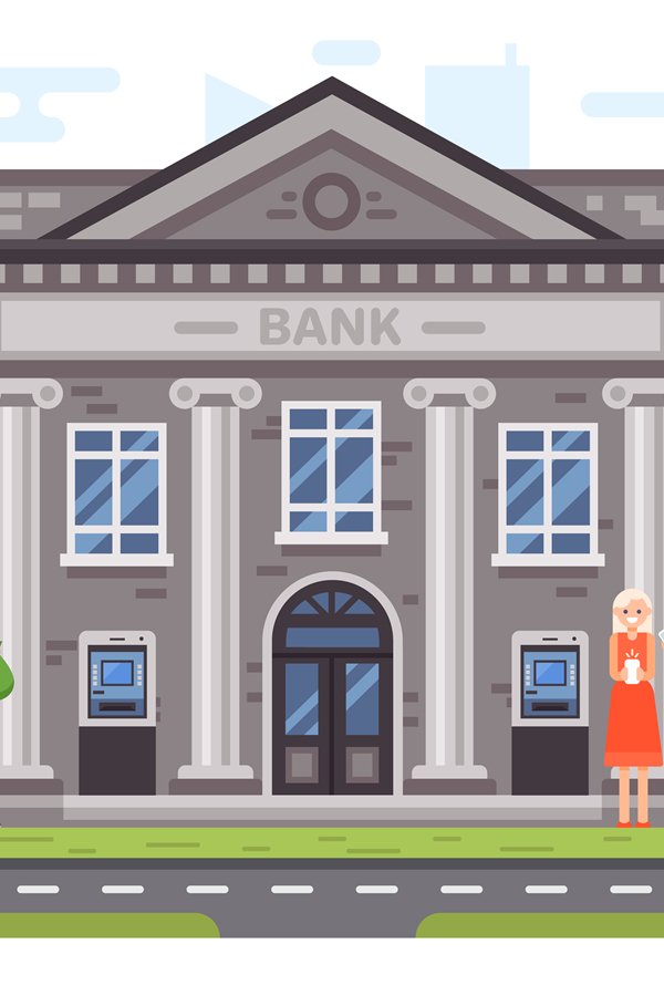 Banking operations. Bank building facade with columns. Peopl