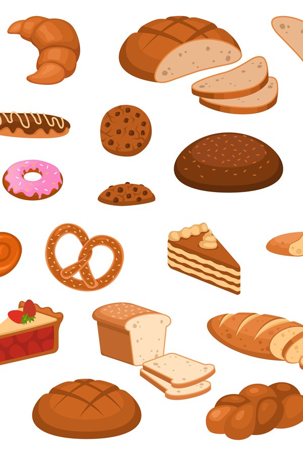 Cartoon bread. Various sweet breads and slices of bake roll,