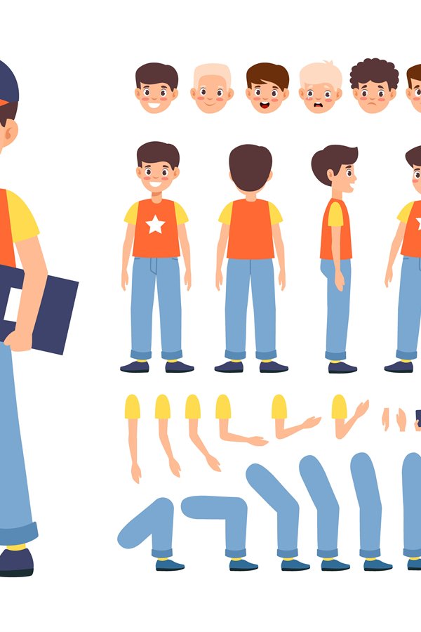 Kid constructor. Boy character various faces, poses and emot