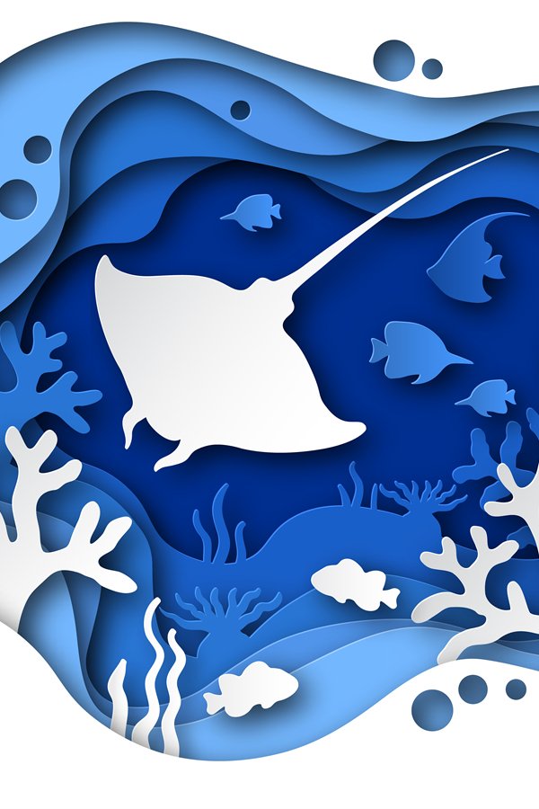 Underwater paper cut. Ocean bottom with sea animals, corals