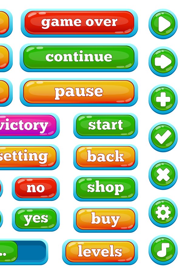 Cartoon casual video games user interface buttons. Casual 2d