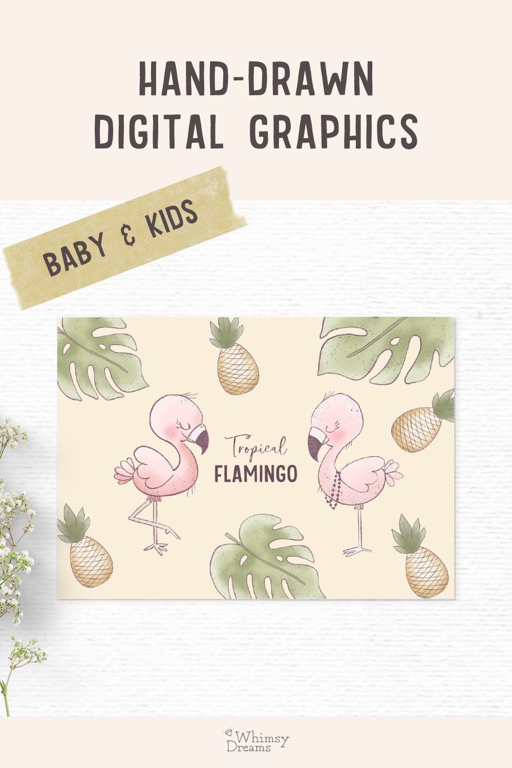 Hand-drawn flamingo clipart | Cute tropical clipart for kids