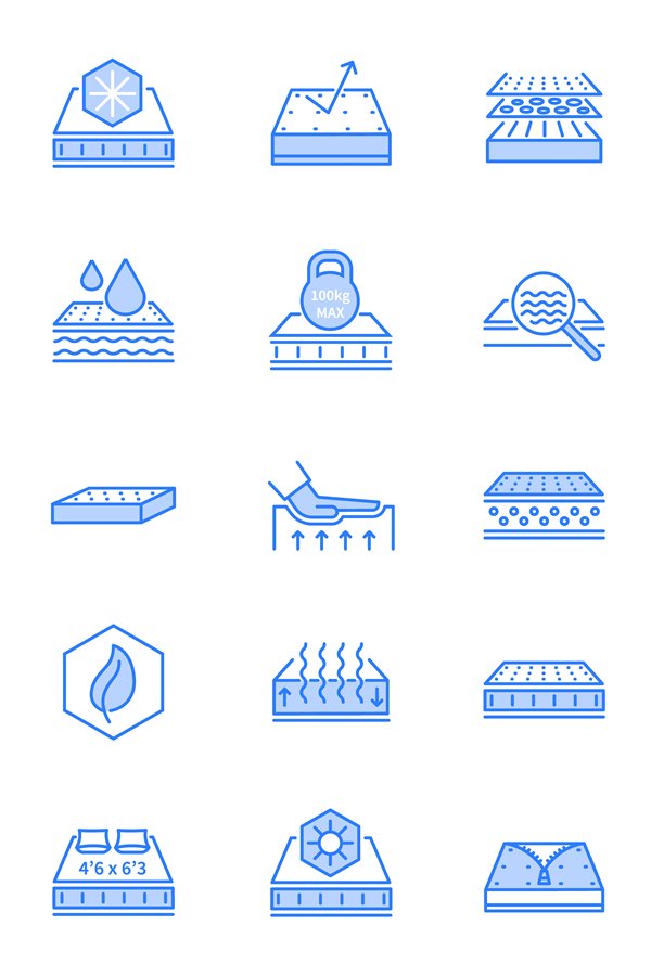 Orthopedic mattress icons. Memory foam, natural bedding line