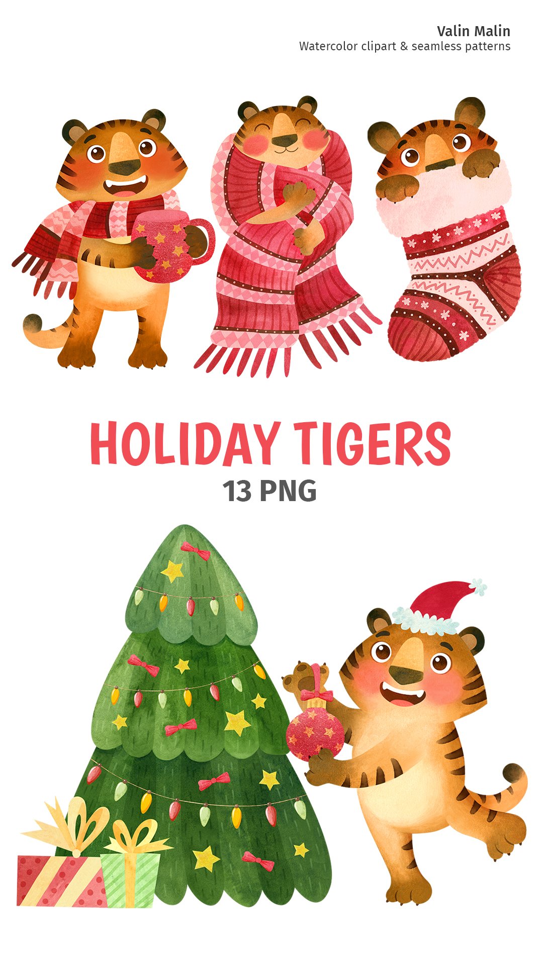 Cute Tigers, Christmas Watercolor Clipart PNG.