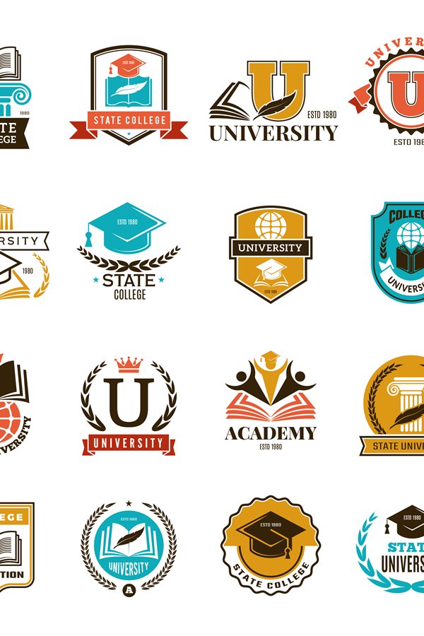 College emblem. School or university identity symbols badges