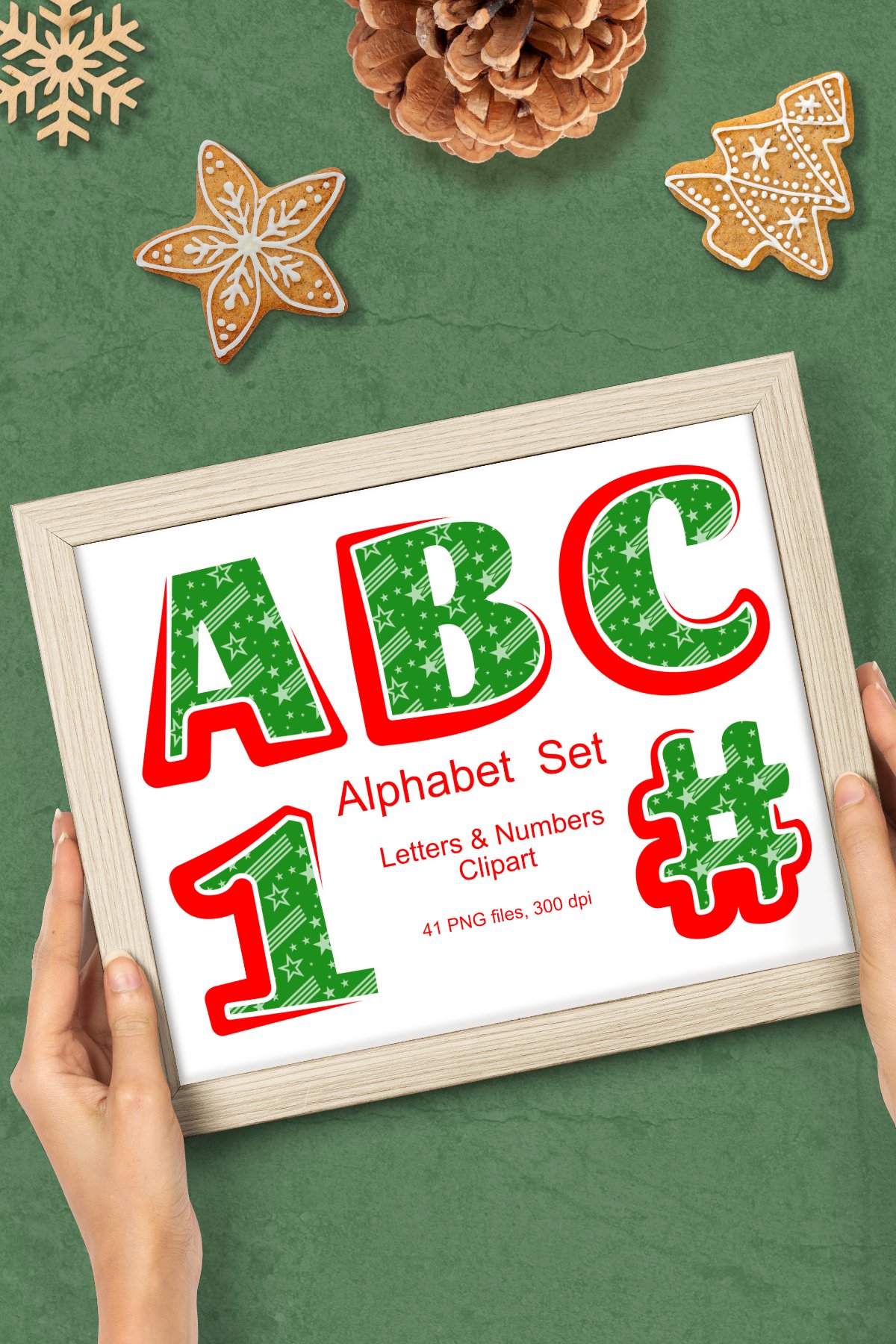 Red Green Star Patterned Alphabet and Numbers Clipart Set