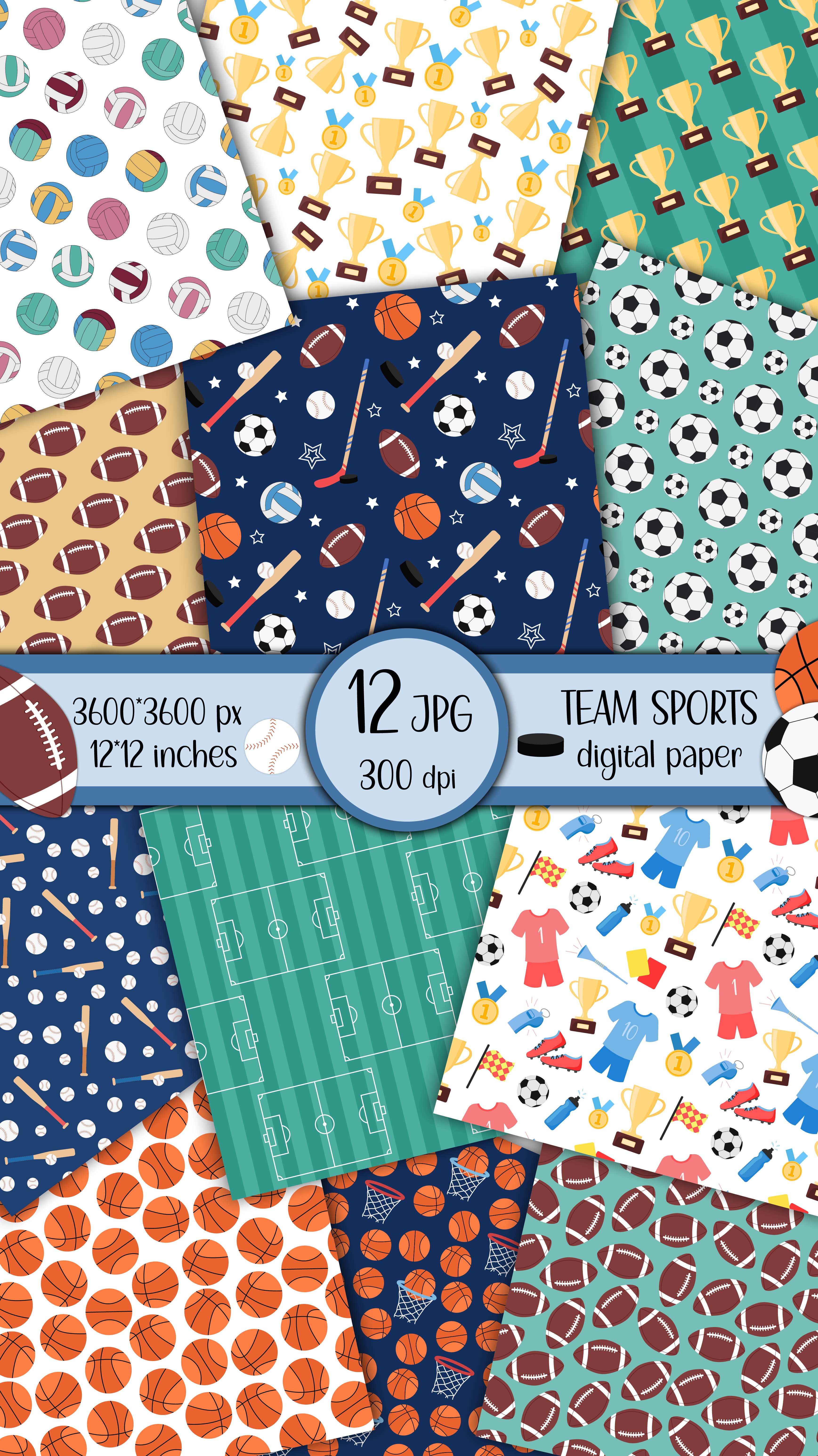Team Sports Digital Paper Soccer Basketball Football Pattern