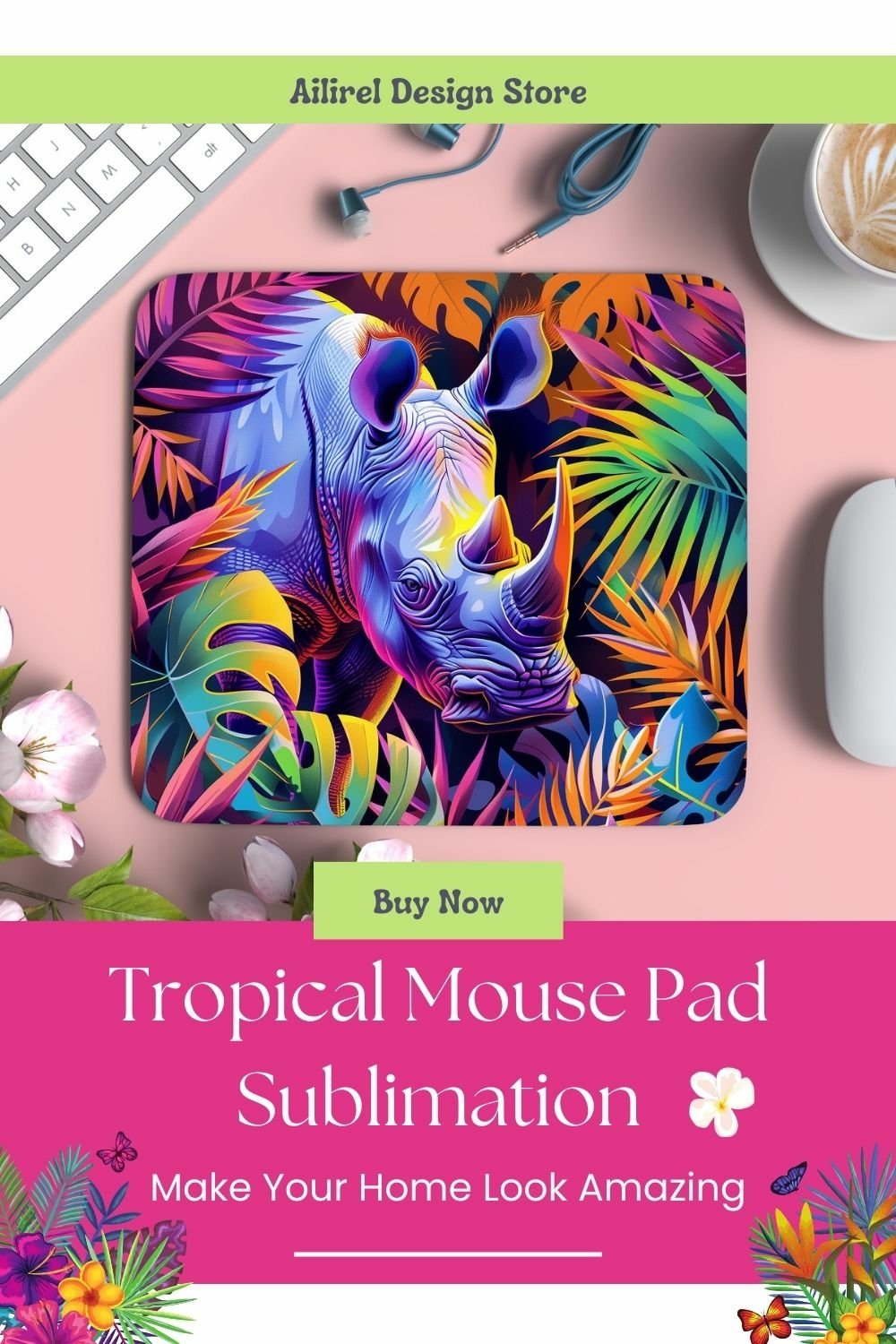 Rhinoceros Mouse Pad Design, Neon Tropical Leaves Mouse Pad