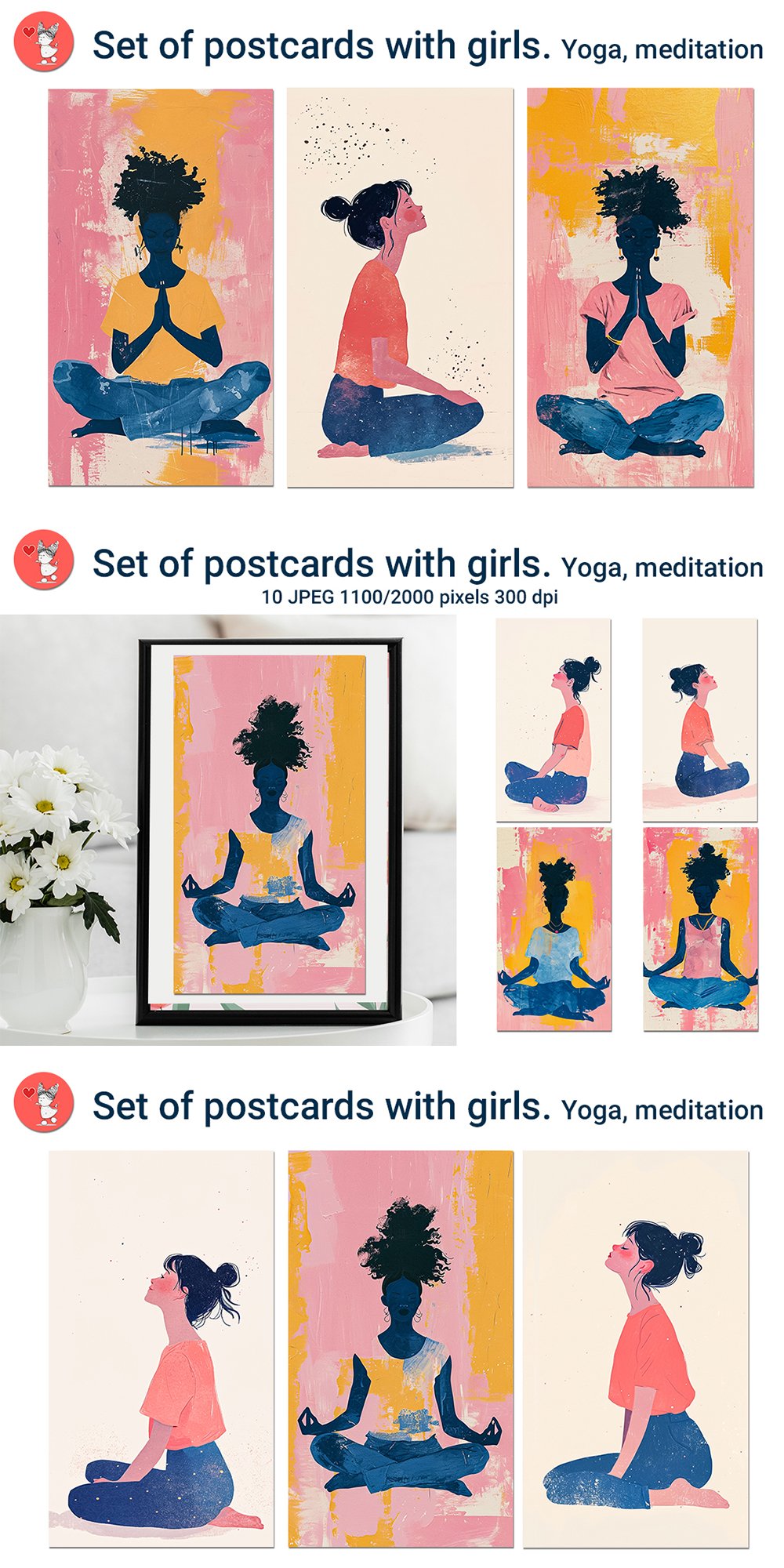 Set of postcards with girls. Yoga, meditation