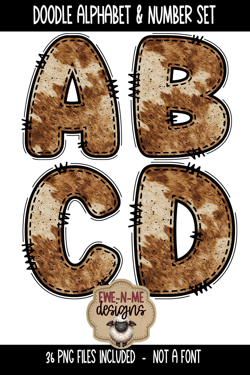 Brown Cowhide Doodle Alphabet Number | Cow Print PNG Letters