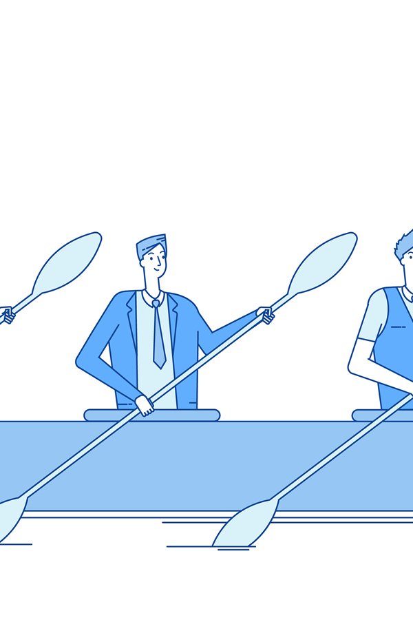 Businessman in boat. Business captain leader people team row