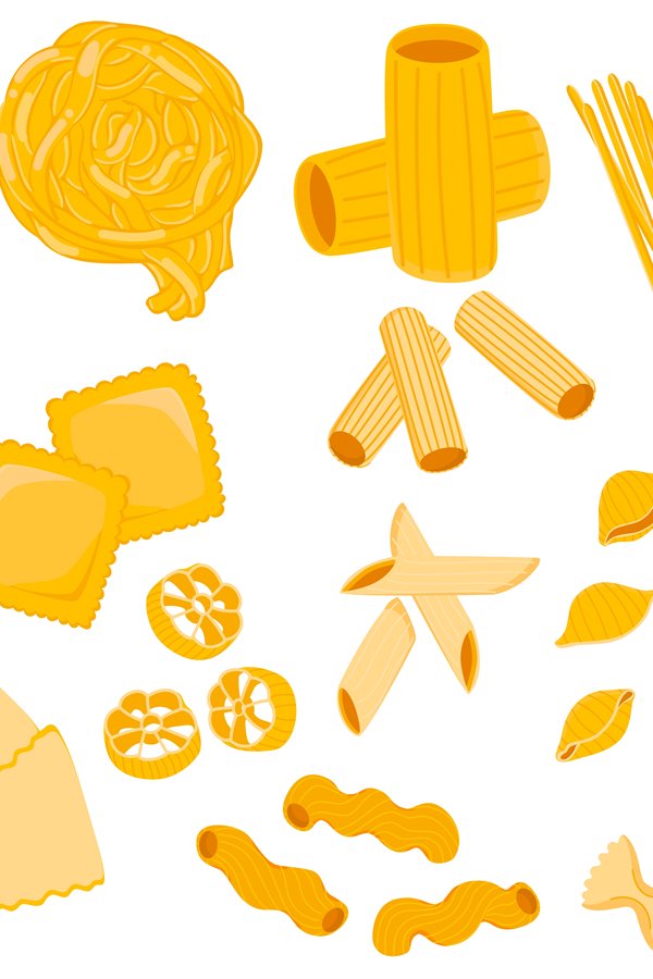 Cartoon pasta. Flat spaghetti, penne and tagliatelle, italia