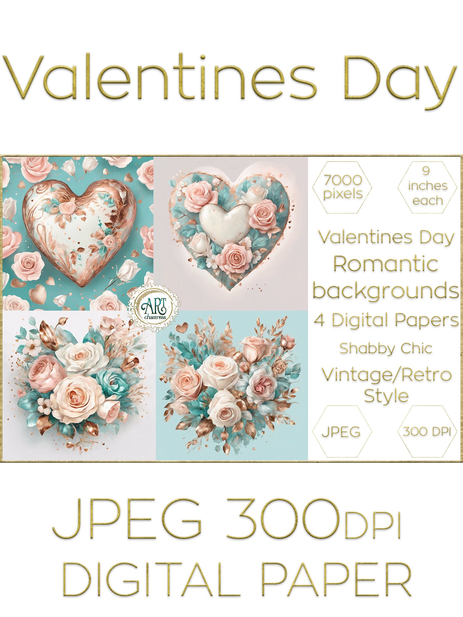Retro Sweet Heart Valentines Day Digital Papers Flowers Deco