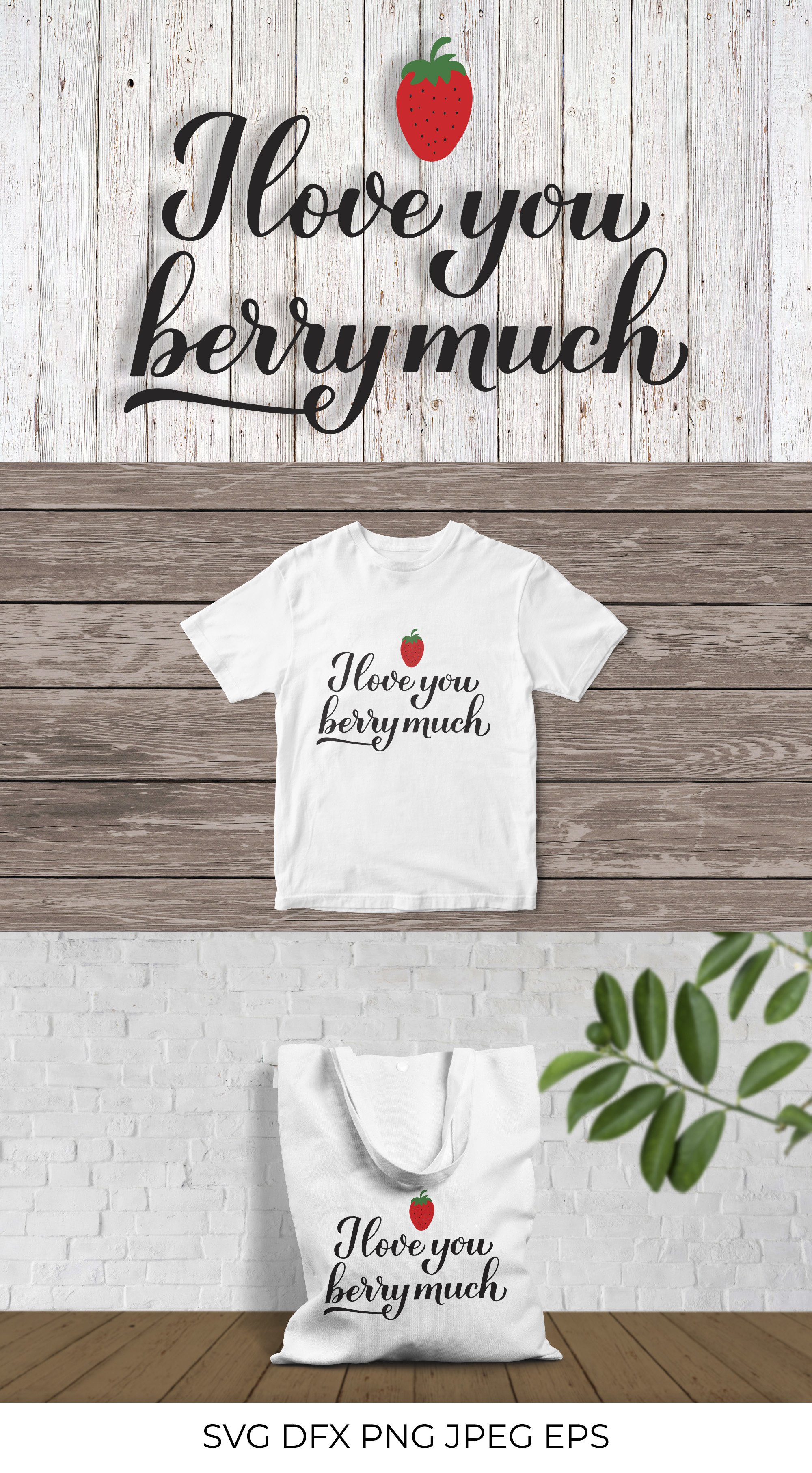 I love you berry much pun quote with hand drawn strawberry.