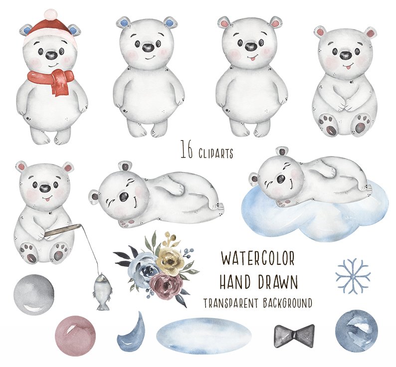 Watercolor Cute Baby Bear Clipart (1573605)