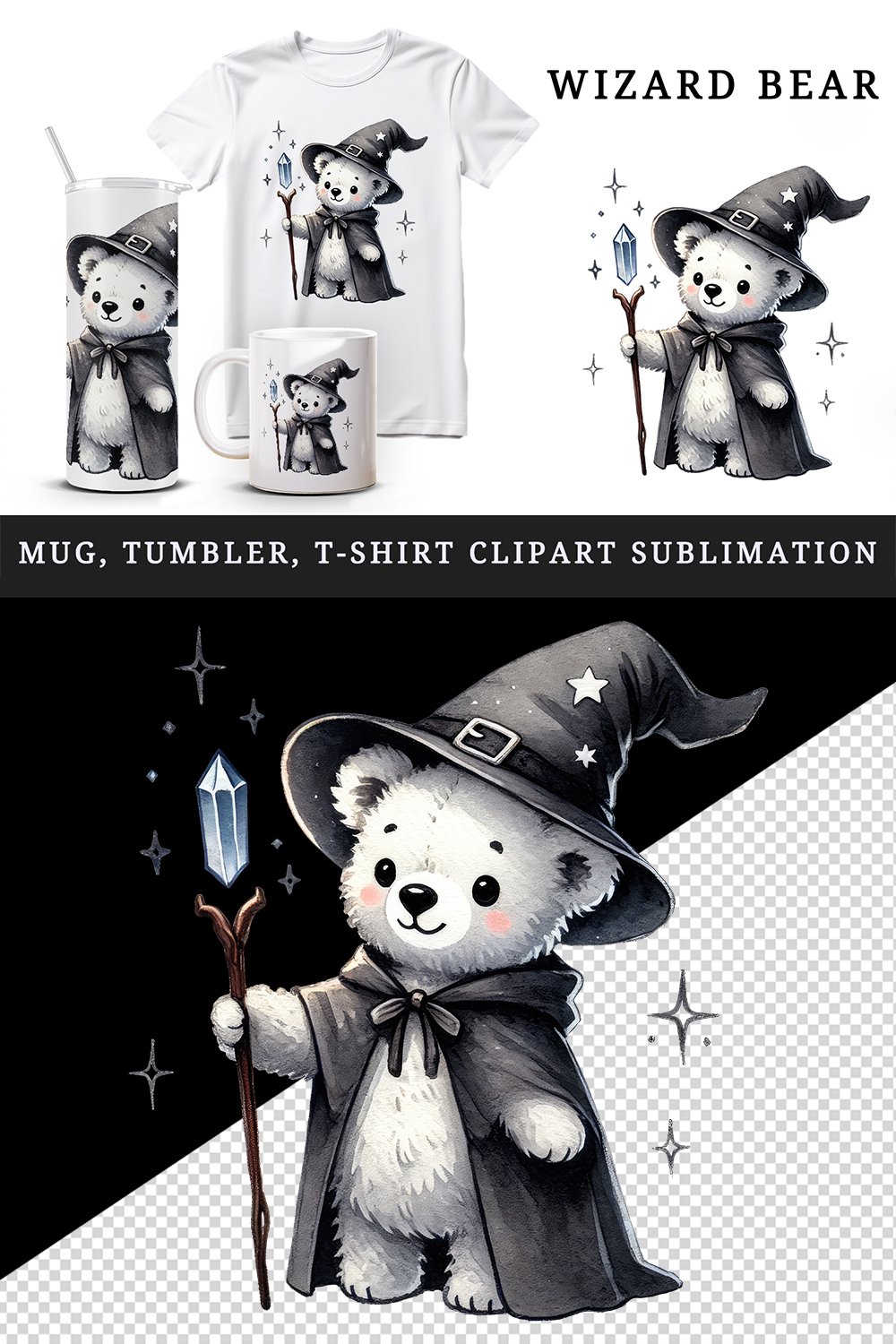 Magic wizard bear tumbler mug wrap clipart sublimation png