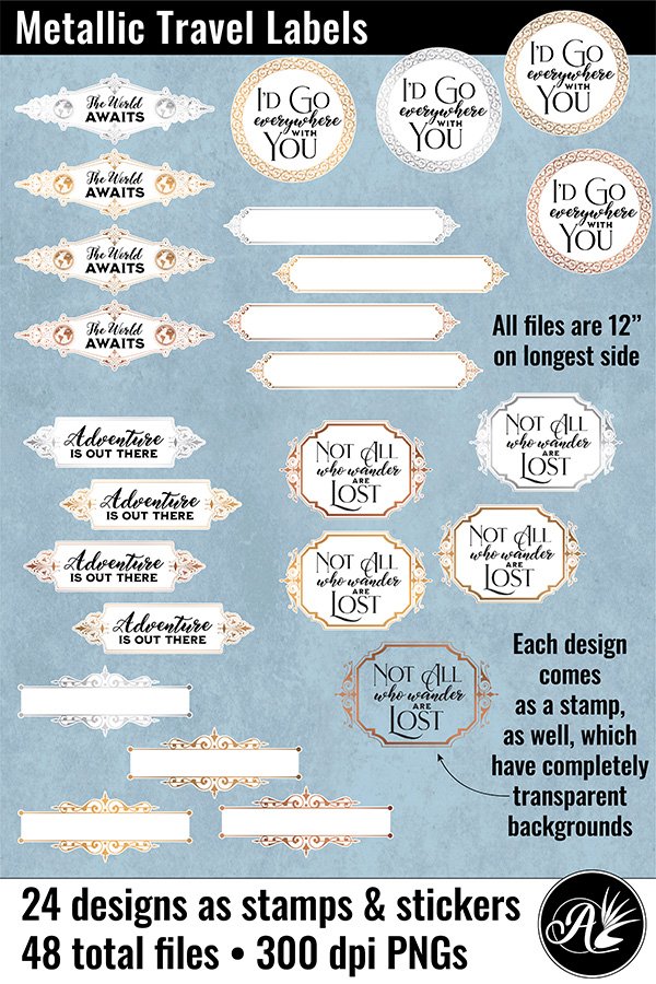 Metallic adventure, travel labels for scrapbooking