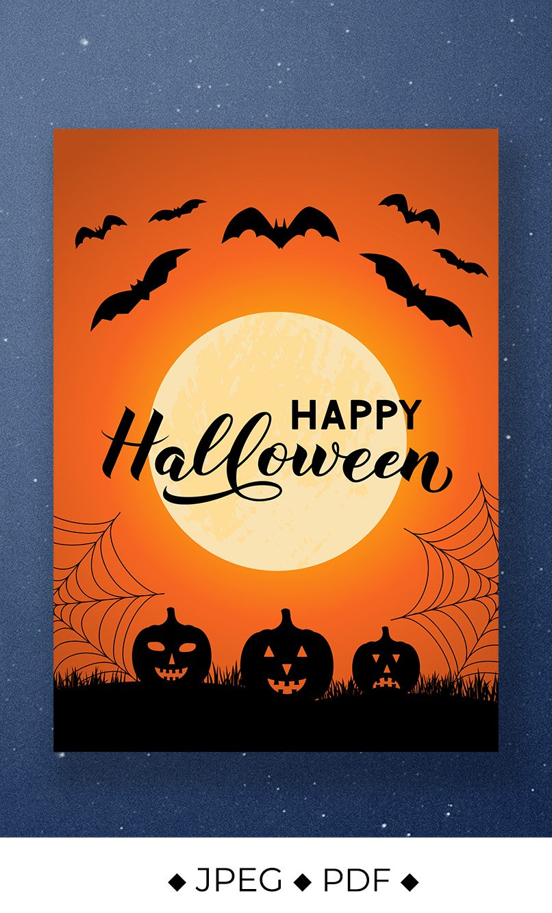 Halloween card with pumpkins, bats and cobweb