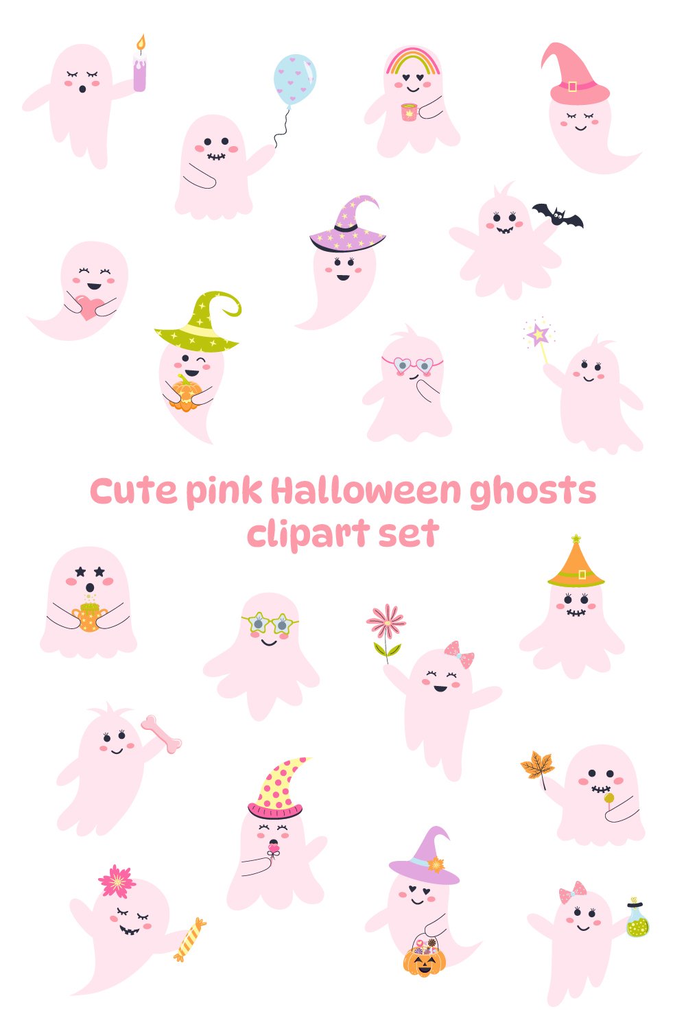 20 cute pink Halloween ghosts cliparts