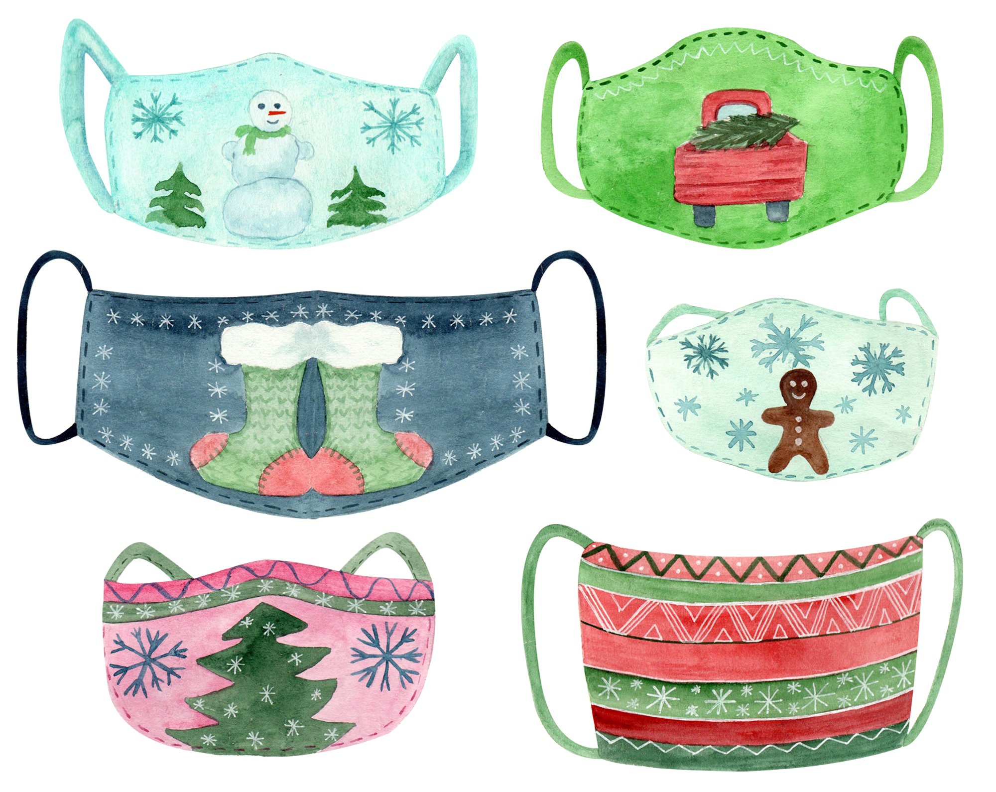 Christmas face mask clipart, Watercolor clip ar